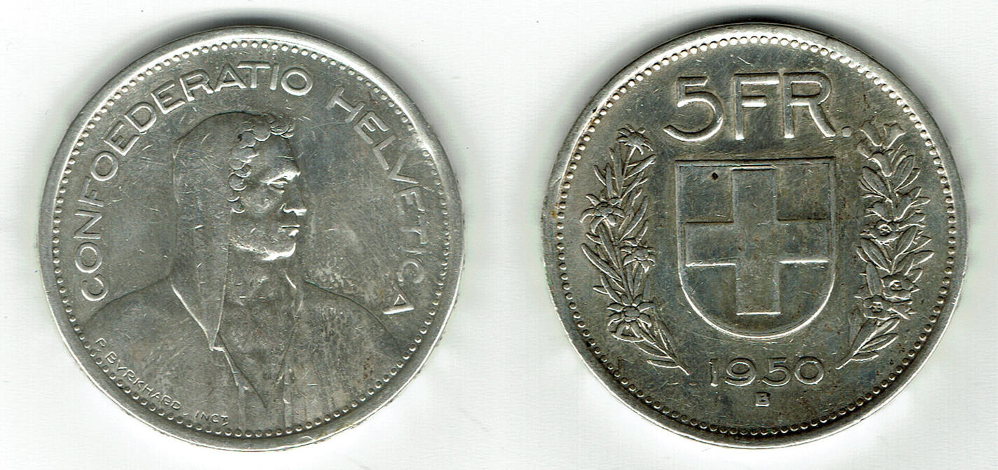 1950 Schweiz, Kursmünze 5 Franken 1935, Silber, Erhaltung siehe Scan! sehr schön, Felder poliert ...