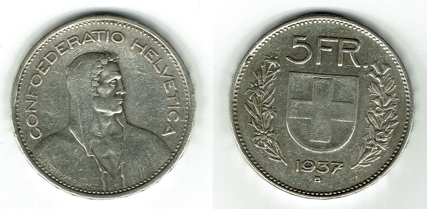 Schweiz, Kursmünze 5 Franken 1937, Silber, Erhaltung siehe Scan! sehr schön | MA-Shops