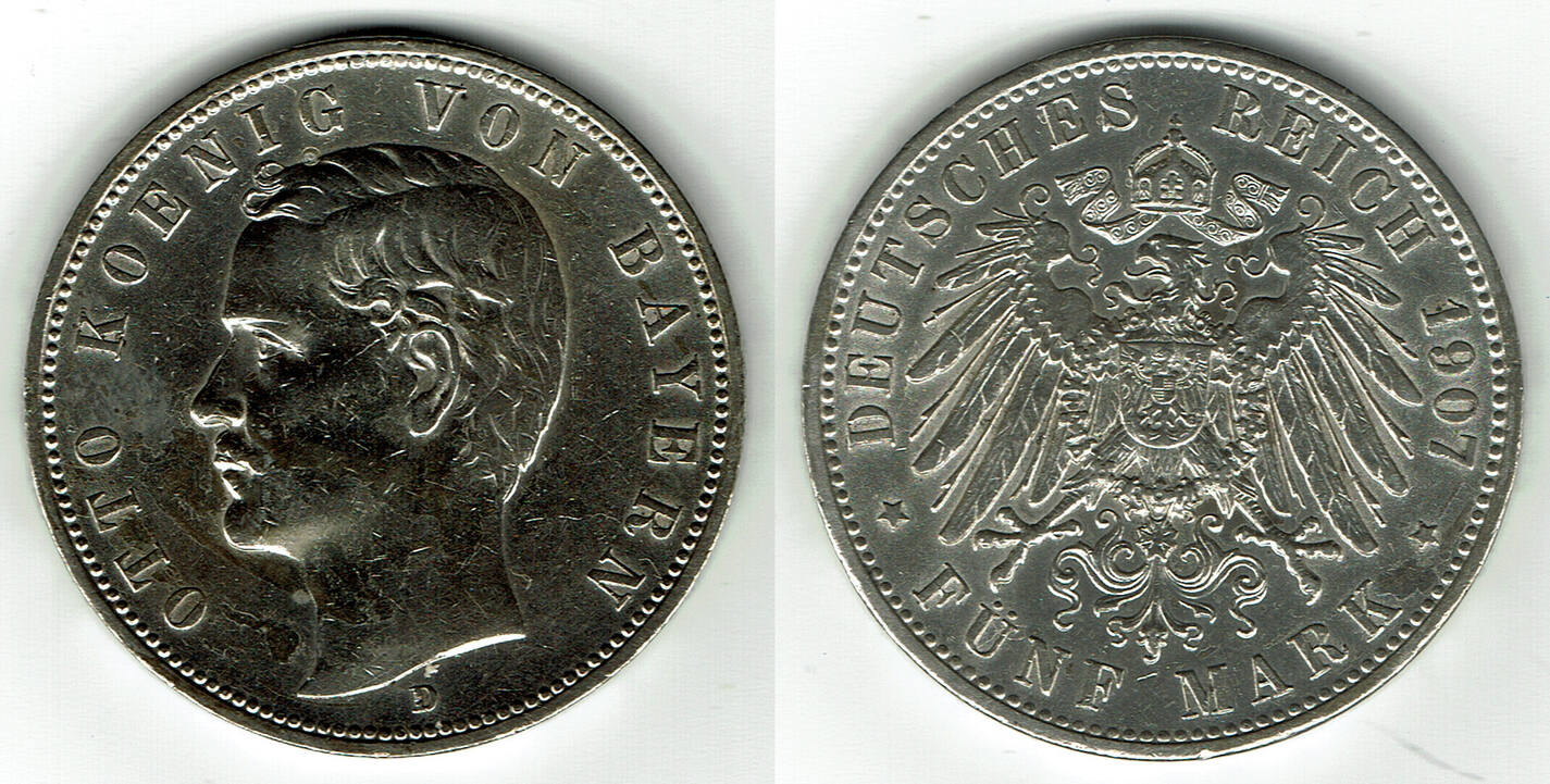 Kaiserreich - Bayern Deutsches Kaiserreich, Bayern, König Otto, 5 Mark 1907 D, Silber! sehr ...