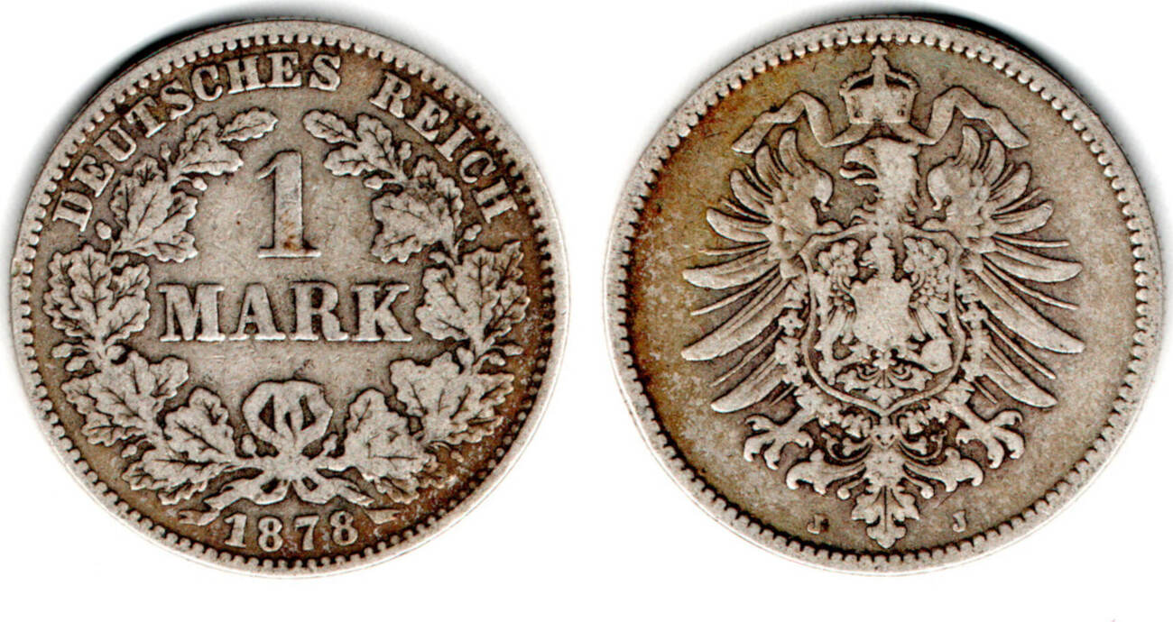 Kaiserreich, Kursmünze 1 Mark 1878 J, 900er Silber! Erhaltung siehe Scan! schön bis sehr schön ...