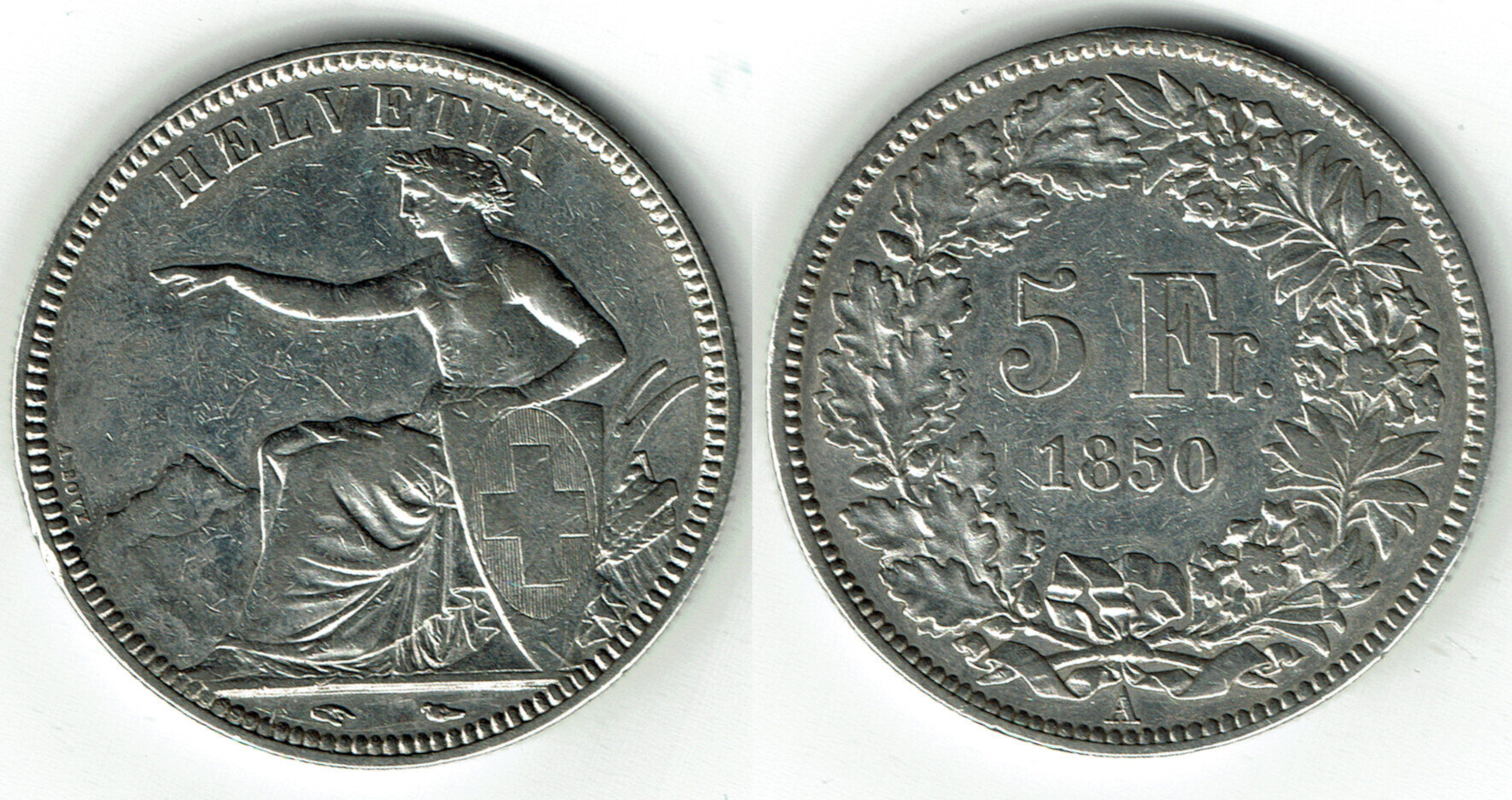 Schweiz 1850 A, 5 Franken Kursmünze, sitzende Helvetia, siehe Scan ...