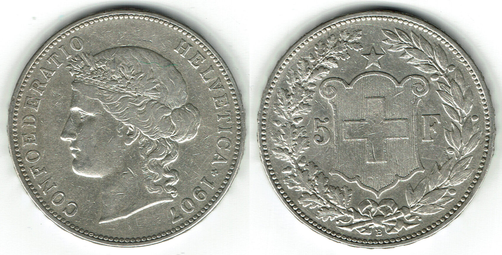 Schweiz 1907 B, 5 Franken Kursmünze, Helvetia n. rechts / Wappen siehe Scan! sehr schön | MA-Shops