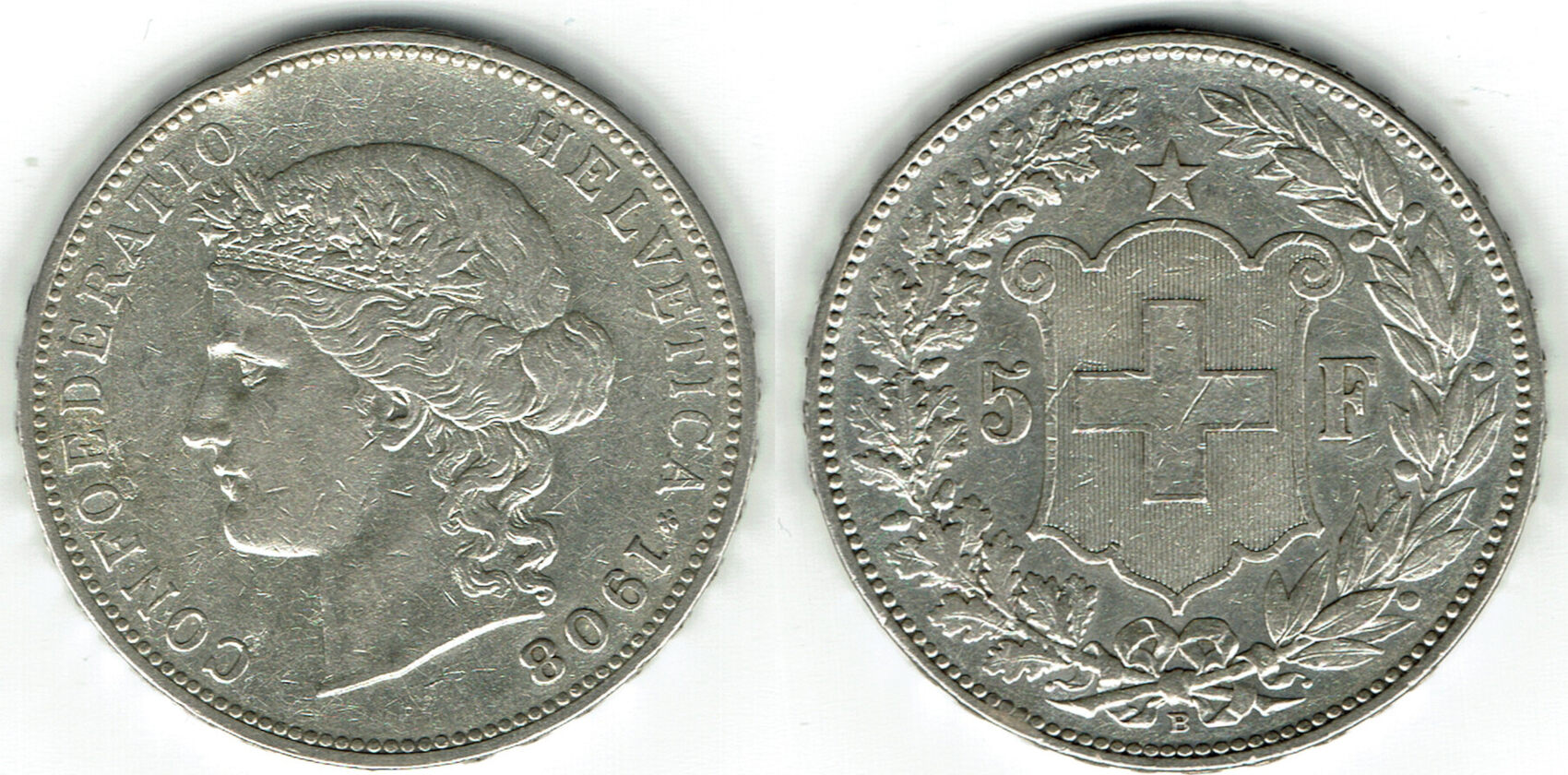 Schweiz 1908 B, 5 Franken Kursmünze, Helvetia n. rechts / Wappen siehe Scan! sehr schön, kl ...