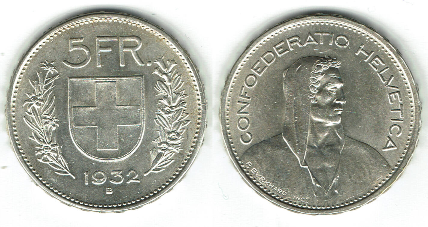Schweiz, Kursmünze 5 Franken 1932, Silber, Erhaltung siehe Scan! fast vorzüglich | MA-Shops