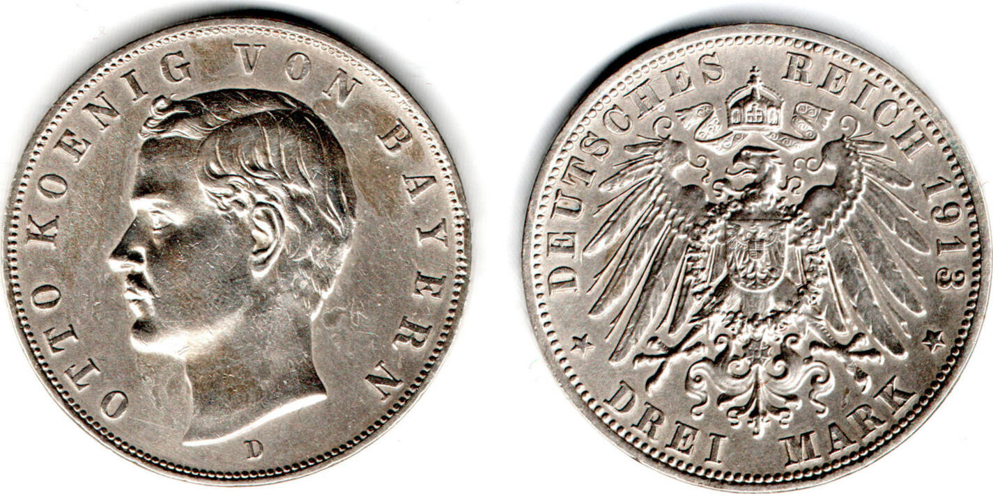 Kaiserreich, Bayern 3 Mark 1913 D, König Otto, Erhaltung siehe Scan sehr schön, leicht berieben ...