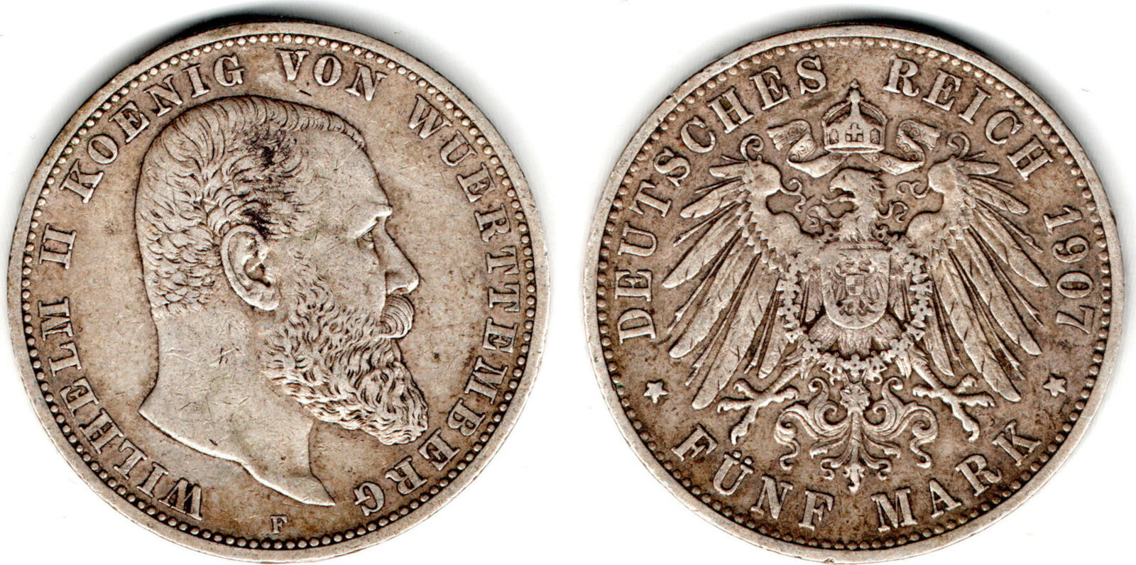 5 Mark Kaiserreich, Württemberg 1907 F, Wilhelm II., Erhaltung siehe Scan! sehr schön | MA-Shops