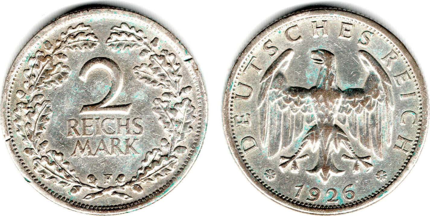 Weimarer Republik, Kursmünze 2 Mark 1926 F, Erhaltung siehe Scan! sehr schön, leicht berieben ...