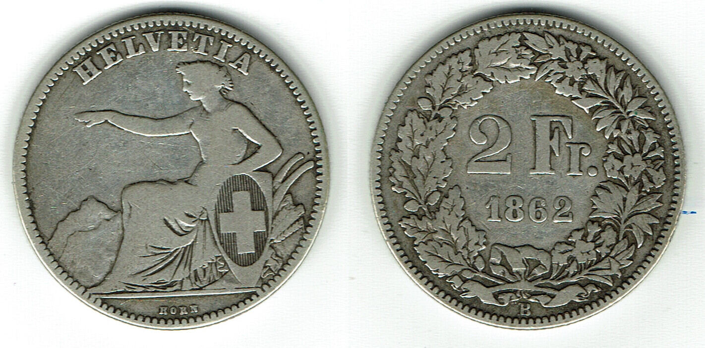 Schweiz, Kursmünze Silber, 2 Franken 1862, Erhaltung siehe Scan! schön bis sehr schön | MA-Shops