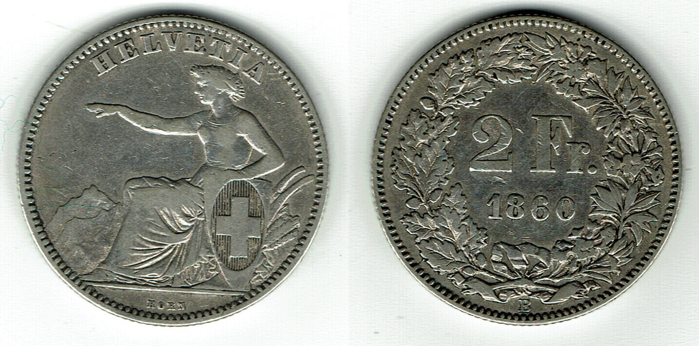 Schweiz, Kursmünze Silber, 2 Franken 1860, Erhaltung siehe Scan! sehr schön | MA-Shops