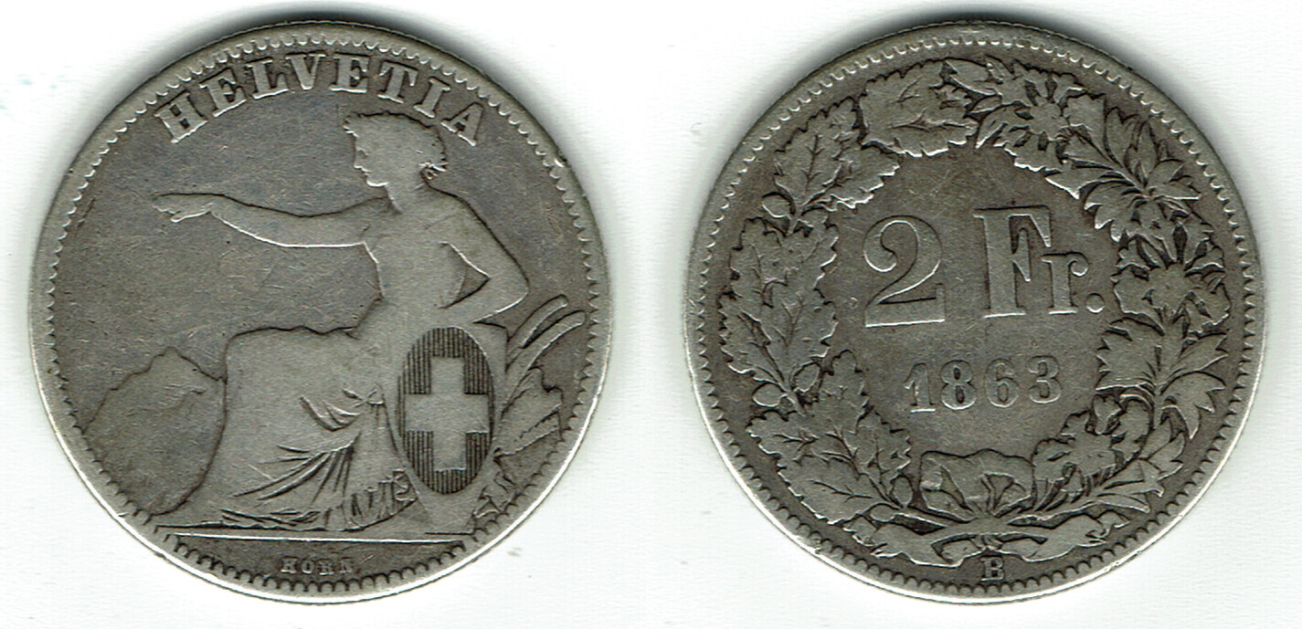 Schweiz, Kursmünze Silber, 2 Franken 1863, Erhaltung siehe Scan! schön | MA-Shops