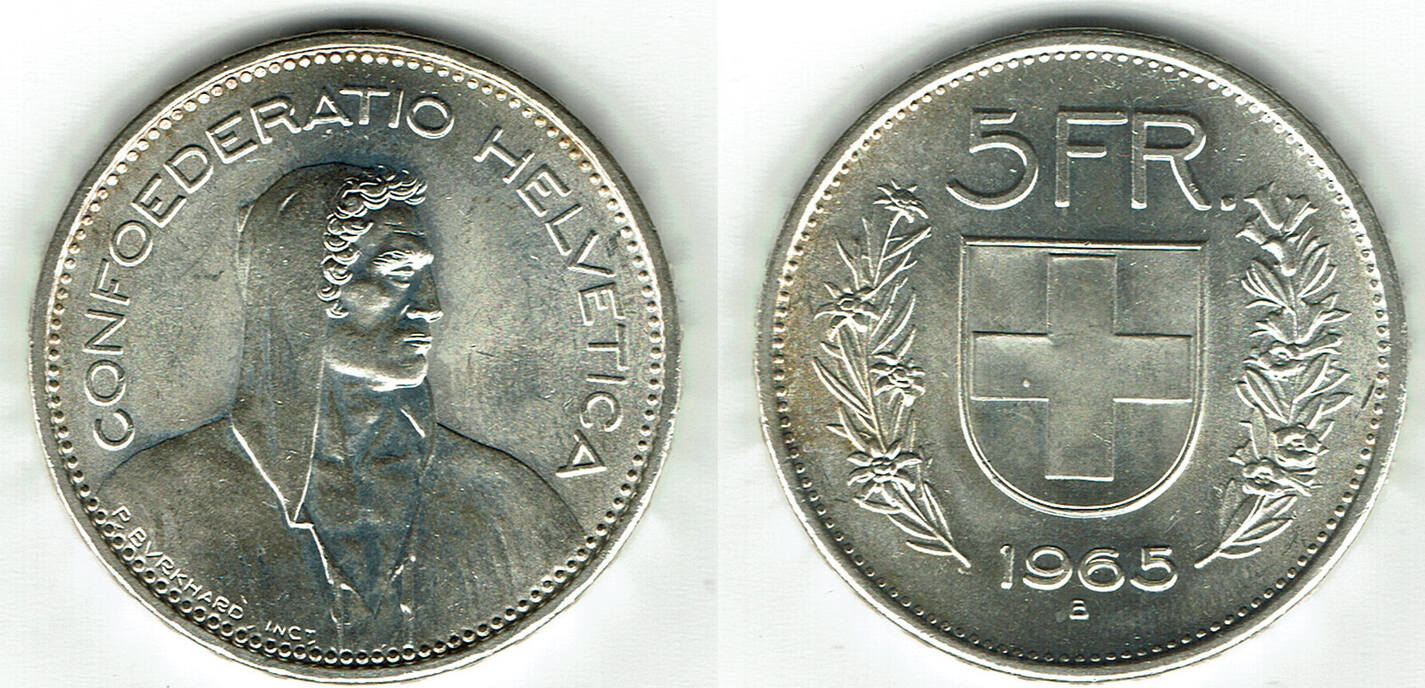 Schweiz, Kursmünze 5 Franken 1965, Silber, Erhaltung siehe Scan! vorzüglich bis stempelglanz ...