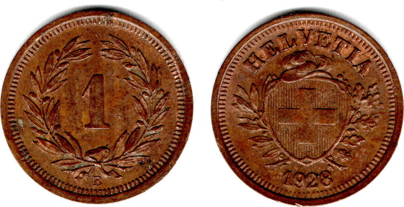 Schweiz, Kursmünze 1 Rappen 1928 B, Erhaltung siehe Scan! sehr schön bis vorzüglich | MA-Shops