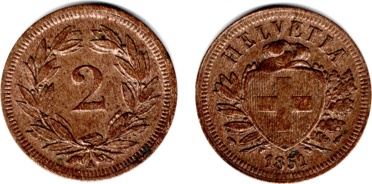 Schweiz, Kursmünze 2 Rappen 1851 B, Erhaltung siehe Scan! sehr schön | MA-Shops