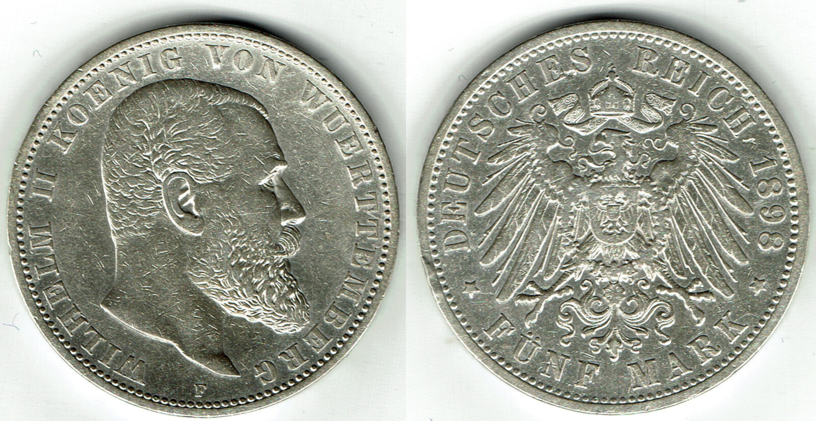 5 Mark Kaiserreich, Württemberg 1898 F, Wilhelm II., Erhaltung siehe Scan! sehr schön, kl ...
