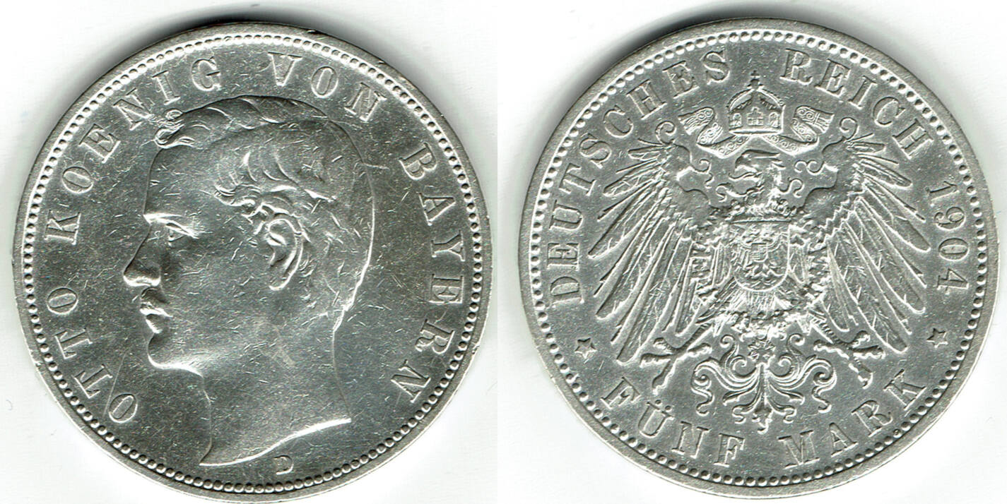 Kaiserreich - Bayern Deutsches Kaiserreich, Bayern, König Otto, 5 Mark 1904 D, Silber! sehr ...