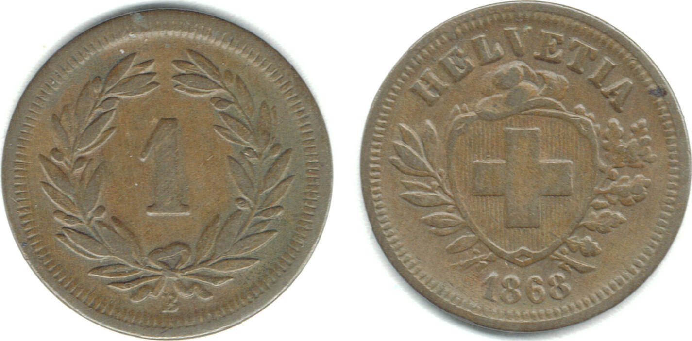 Schweiz, Kursmünze 1 Rappen 1868, Erhaltung siehe Scan! sehr schön | MA-Shops