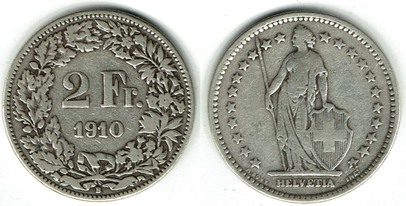 1910 Schweiz, Kursmünze Silber, 2 Franken, Erhaltung siehe Scan! sehr schön | MA-Shops