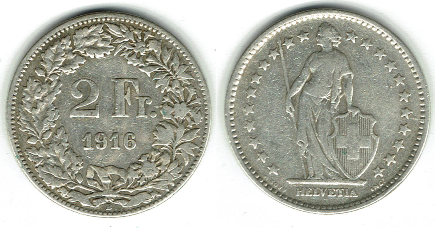 1916 Schweiz, Kursmünze Silber, 2 Franken, Erhaltung siehe Scan! sehr schön | MA-Shops