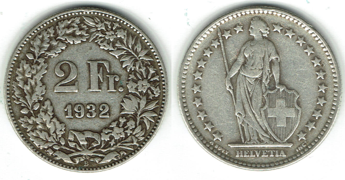 1932 Schweiz, Kursmünze Silber, 2 Franken, Erhaltung siehe Scan! sehr schön | MA-Shops