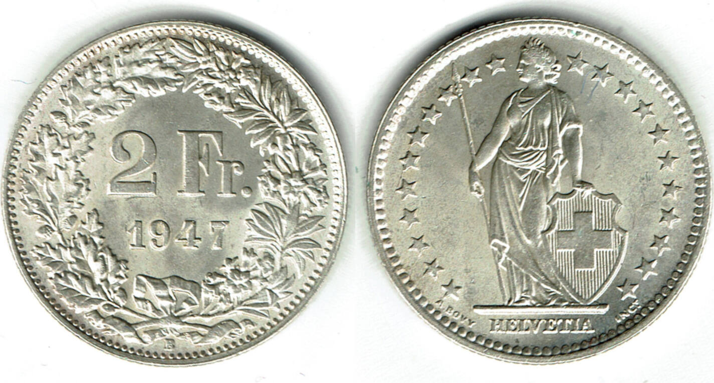 1947 Schweiz, Kursmünze Silber, 2 Franken, Erhaltung siehe Scan! vorzüglich bis stempelglanz ...