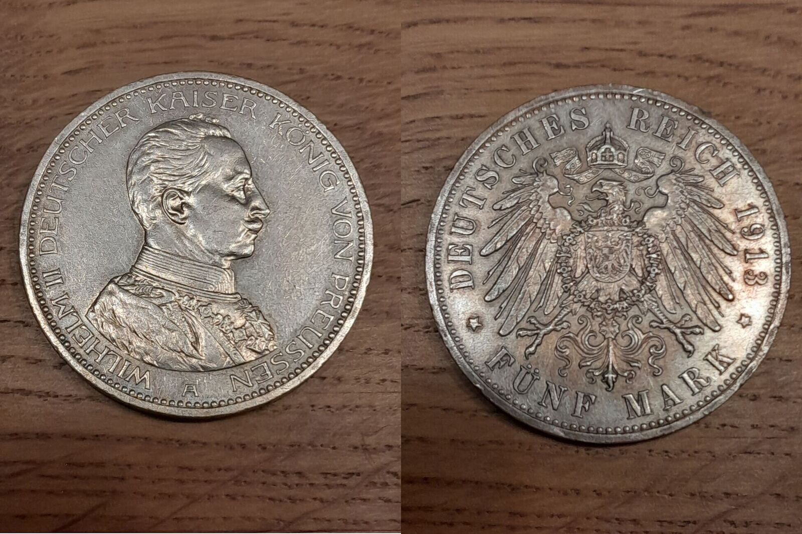 Preußen 5 Mark 1913 A, Wilhelm II. in Uniform, Erhaltung siehe Scan! sehr schön bis vorzüglich ...
