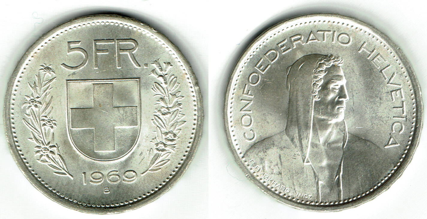 Schweiz, Kursmünze 5 Franken 1969, Silber, Erhaltung siehe Scan! vorzüglich bis stempelglanz ...