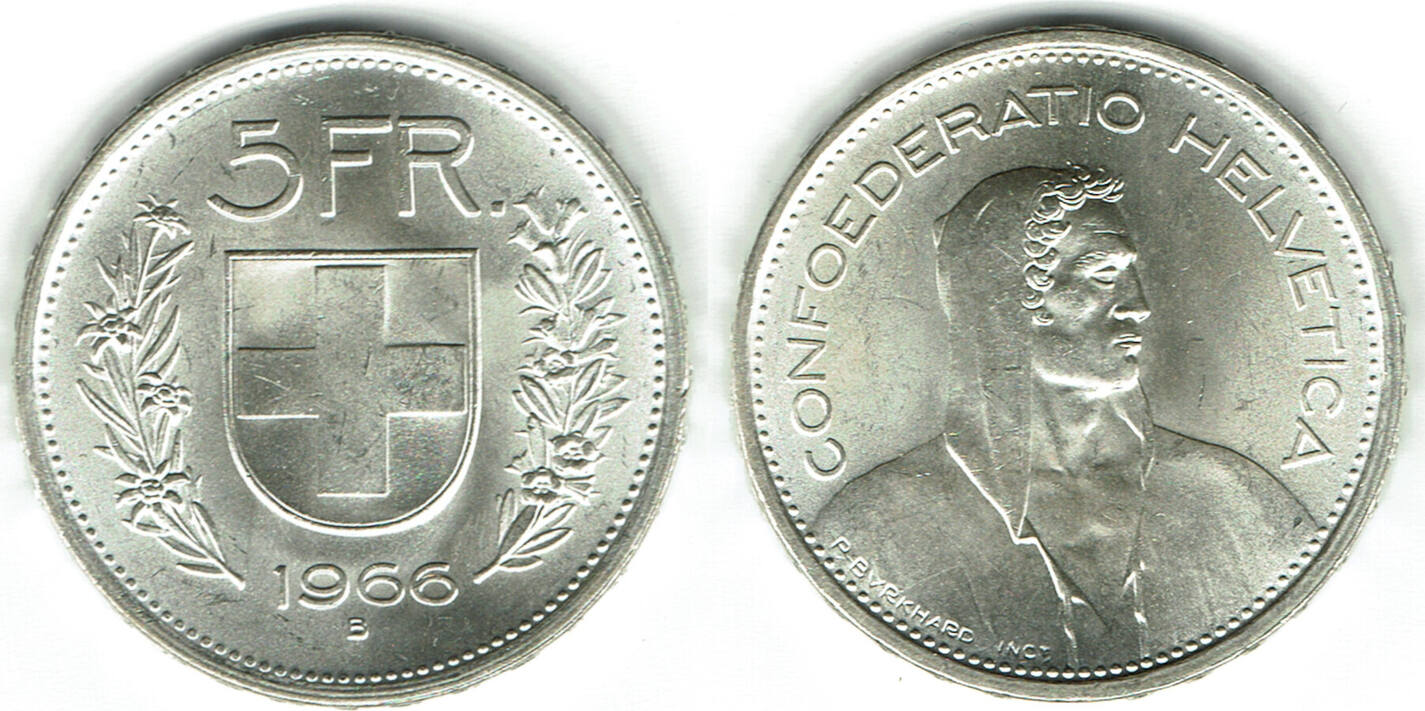Schweiz, Kursmünze 5 Franken 1966, Silber, Erhaltung siehe Scan! vorzüglich bis stempelglanz ...