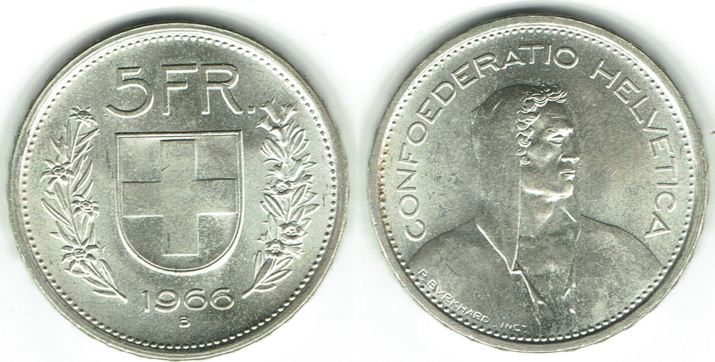 Schweiz, Kursmünze 5 Franken 1966, Silber, Erhaltung siehe Scan! vorzüglich bis stempelglanz ...