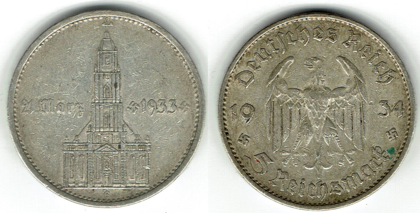 Drittes Reich, 5 Reichsmark 1934 E, Garnisonskirche Potsdam mit Datum ...