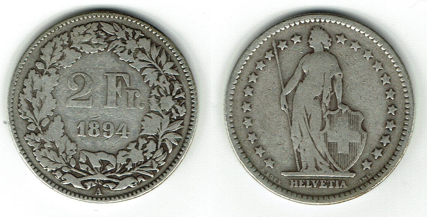 Schweiz, Kursmünze Silber, 2 Franken 1894, Erhaltung siehe Scan! schön | MA-Shops
