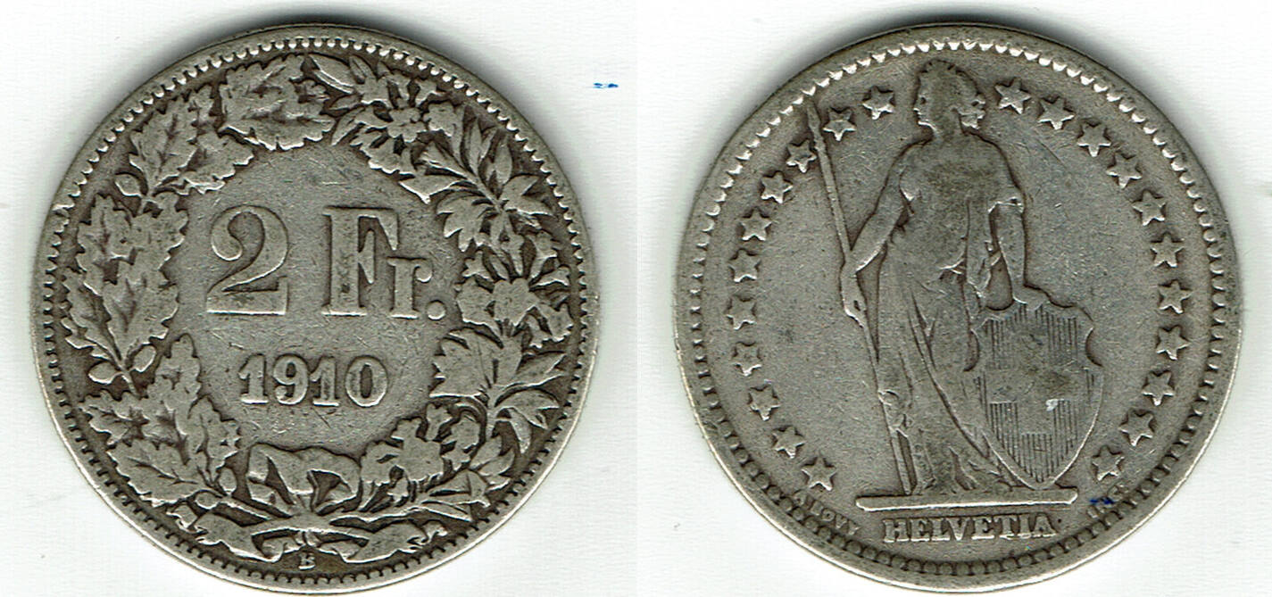 Schweiz, Kursmünze Silber, 2 Franken 1910, Erhaltung siehe Scan! sehr schön. kl. Randfehler | MA ...