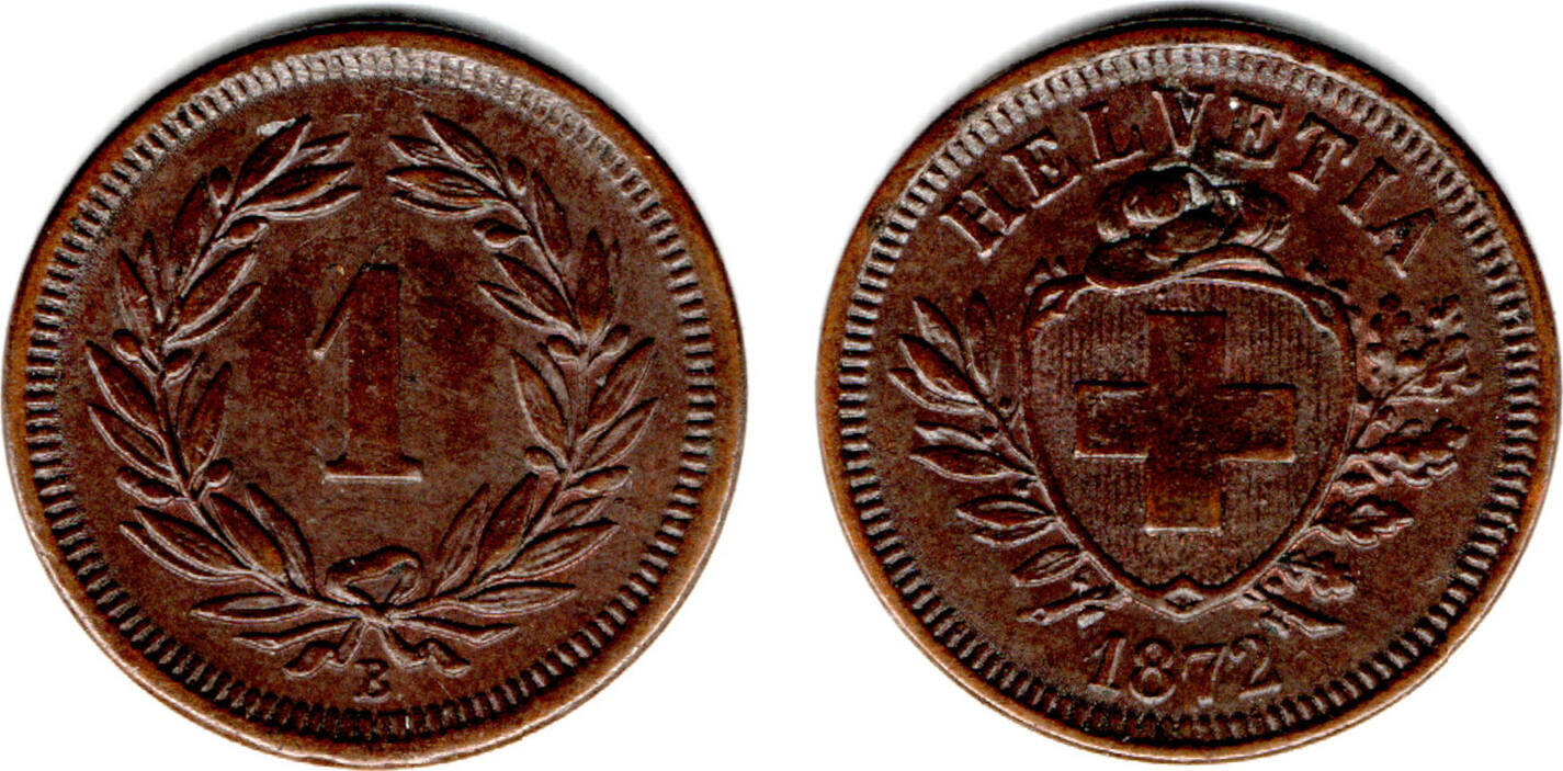 Schweiz, Kursmünze 1 Rappen 1872 B, Erhaltung siehe Scan! fast vorzüglich | MA-Shops