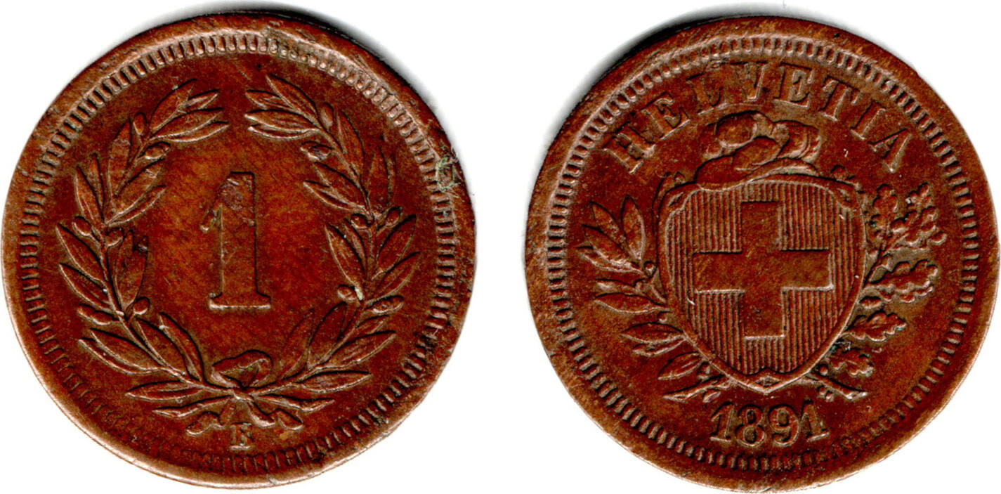 Schweiz, Kursmünze 1 Rappen 1891 B, Erhaltung siehe Scan! sehr schön, Randfehler | MA-Shops
