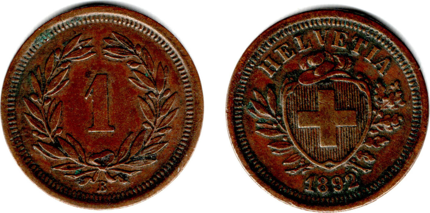 Schweiz, Kursmünze 1 Rappen 1892 B, Erhaltung siehe Scan! sehr schön | MA-Shops