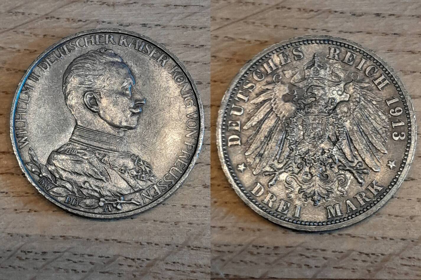 Preußen 3 Mark 1913 A, Wilhelm II. in Uniform, Erhaltung siehe Scan! Sehr schön bis vorzüglich ...