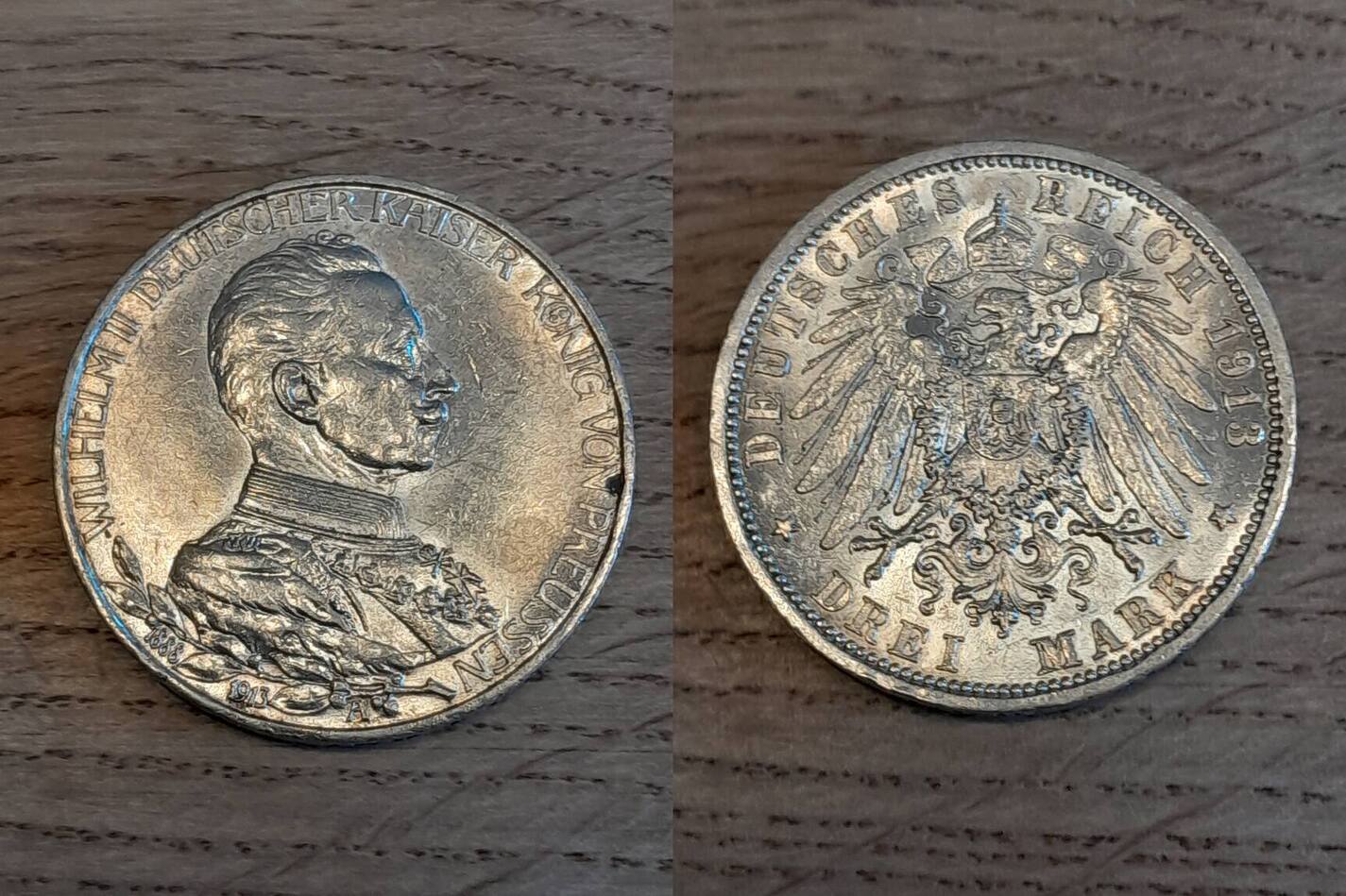 Preußen 3 Mark 1913 A, Wilhelm II. in Uniform, Erhaltung siehe Scan! Sehr schön bis vorzüglich ...