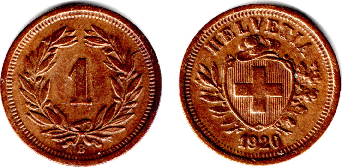 Schweiz, Kursmünze 1 Rappen 1920 B, Erhaltung siehe Scan! sehr schön | MA-Shops