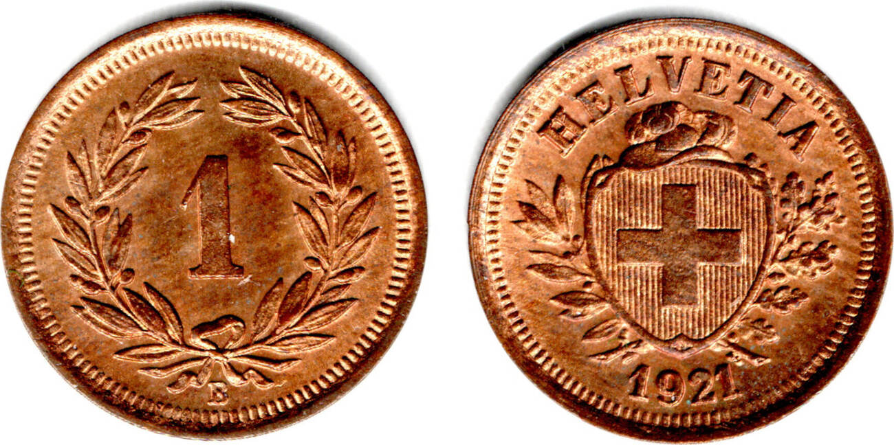 Schweiz, Kursmünze 1 Rappen 1921 B, Erhaltung siehe Scan! vorzüglich bis stempelglanz | MA-Shops