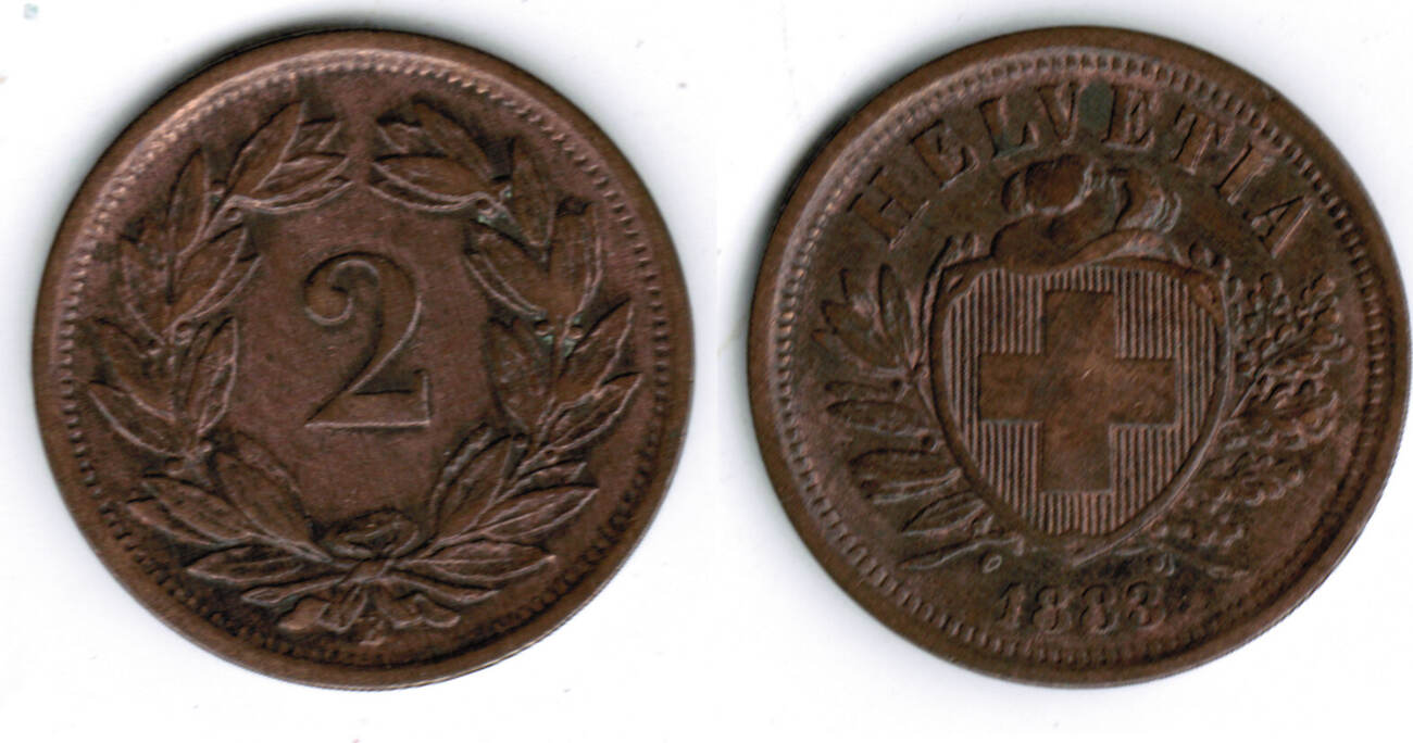 Schweiz, Kursmünze 2 Rappen 1883 B, Erhaltung siehe Scan! sehr schön | MA-Shops