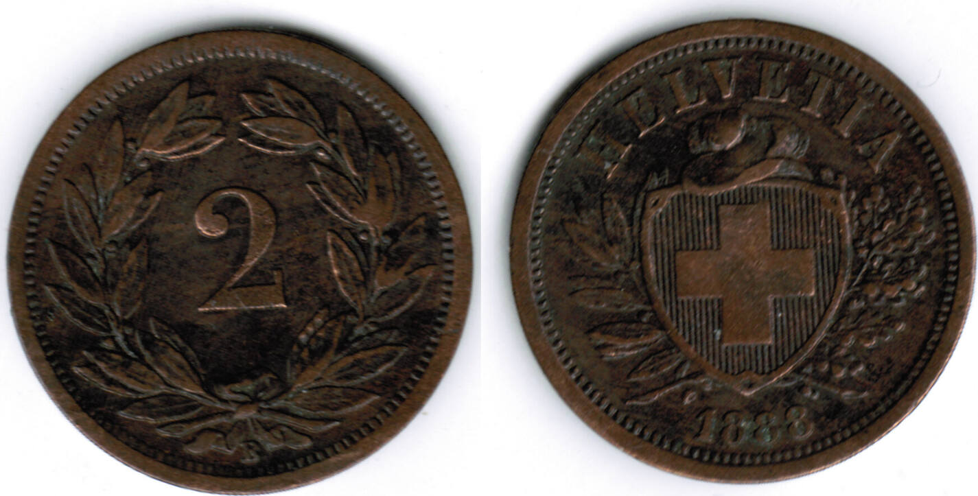 Schweiz, Kursmünze 2 Rappen 1888 B, Erhaltung siehe Scan! sehr schön | MA-Shops