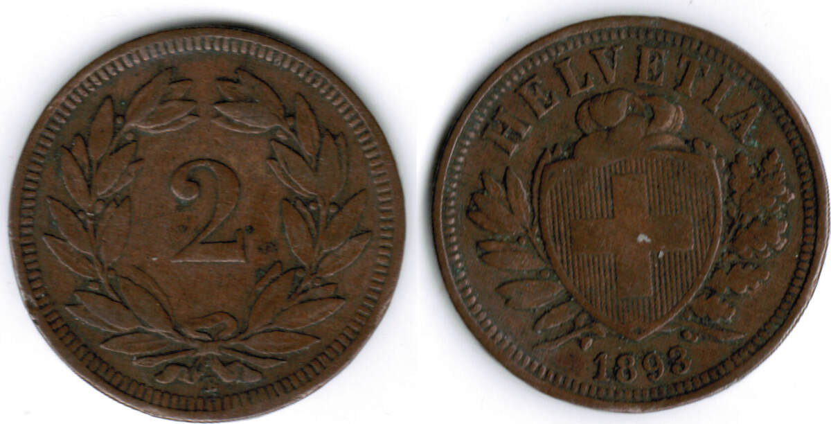 Schweiz, Kursmünze 2 Rappen 1893 B, Erhaltung siehe Scan! sehr schön | MA-Shops