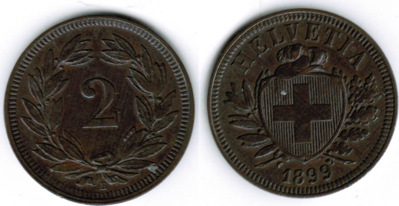 Schweiz, Kursmünze 2 Rappen 1899 B, Erhaltung siehe Scan! sehr schön bis vorzüglich | MA-Shops