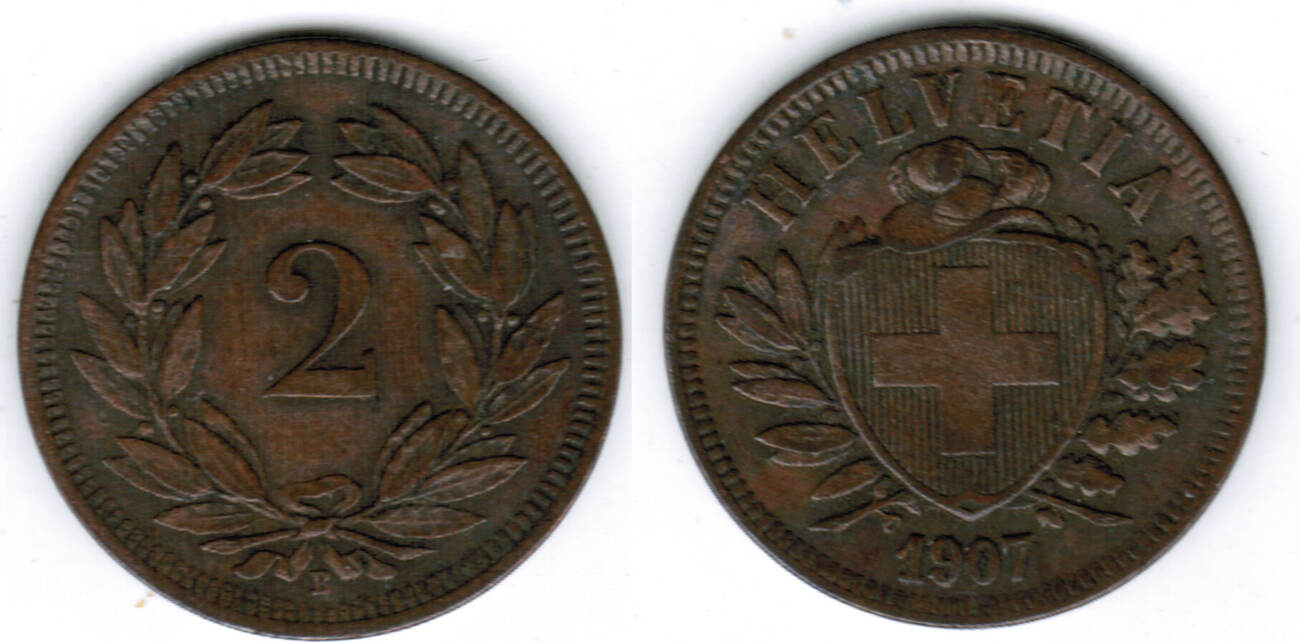 Schweiz, Kursmünze 2 Rappen 1907 B, Erhaltung siehe Scan! sehr schön | MA-Shops