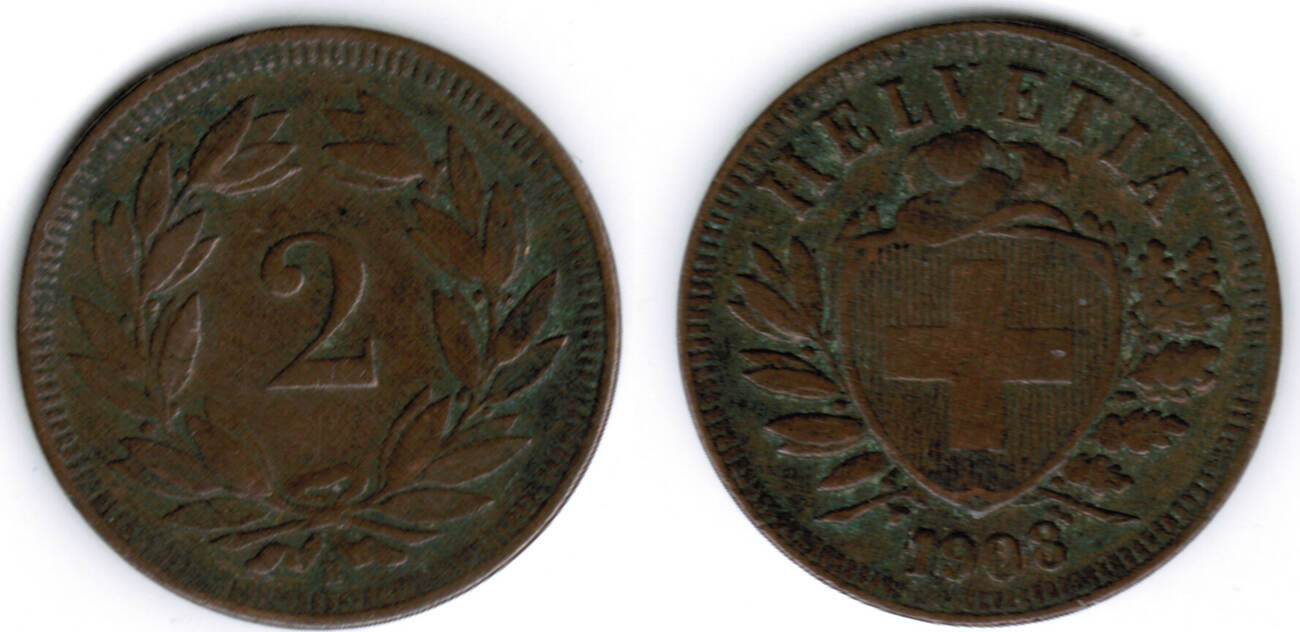 Schweiz, Kursmünze 2 Rappen 1908 B, Erhaltung siehe Scan! sehr schön | MA-Shops