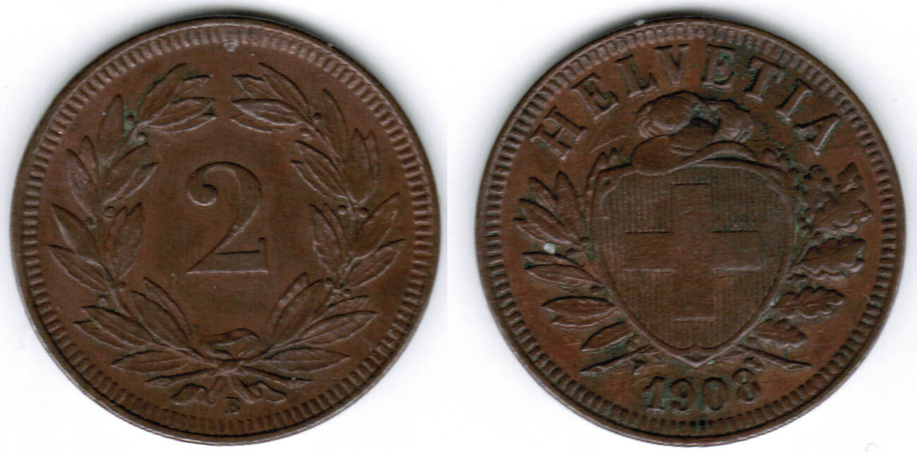 Schweiz, Kursmünze 2 Rappen 1908 B, Erhaltung siehe Scan! sehr schön bis vorzüglich | MA-Shops