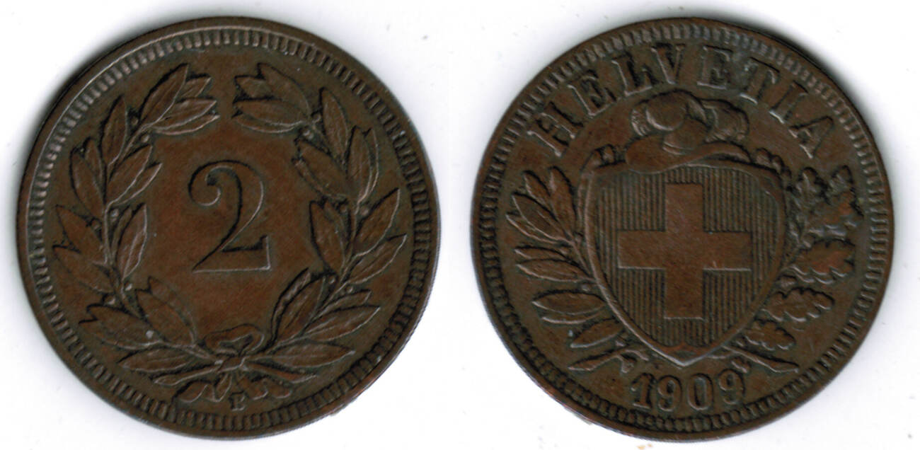 Schweiz, Kursmünze 2 Rappen 1909 B, Erhaltung siehe Scan! sehr schön | MA-Shops