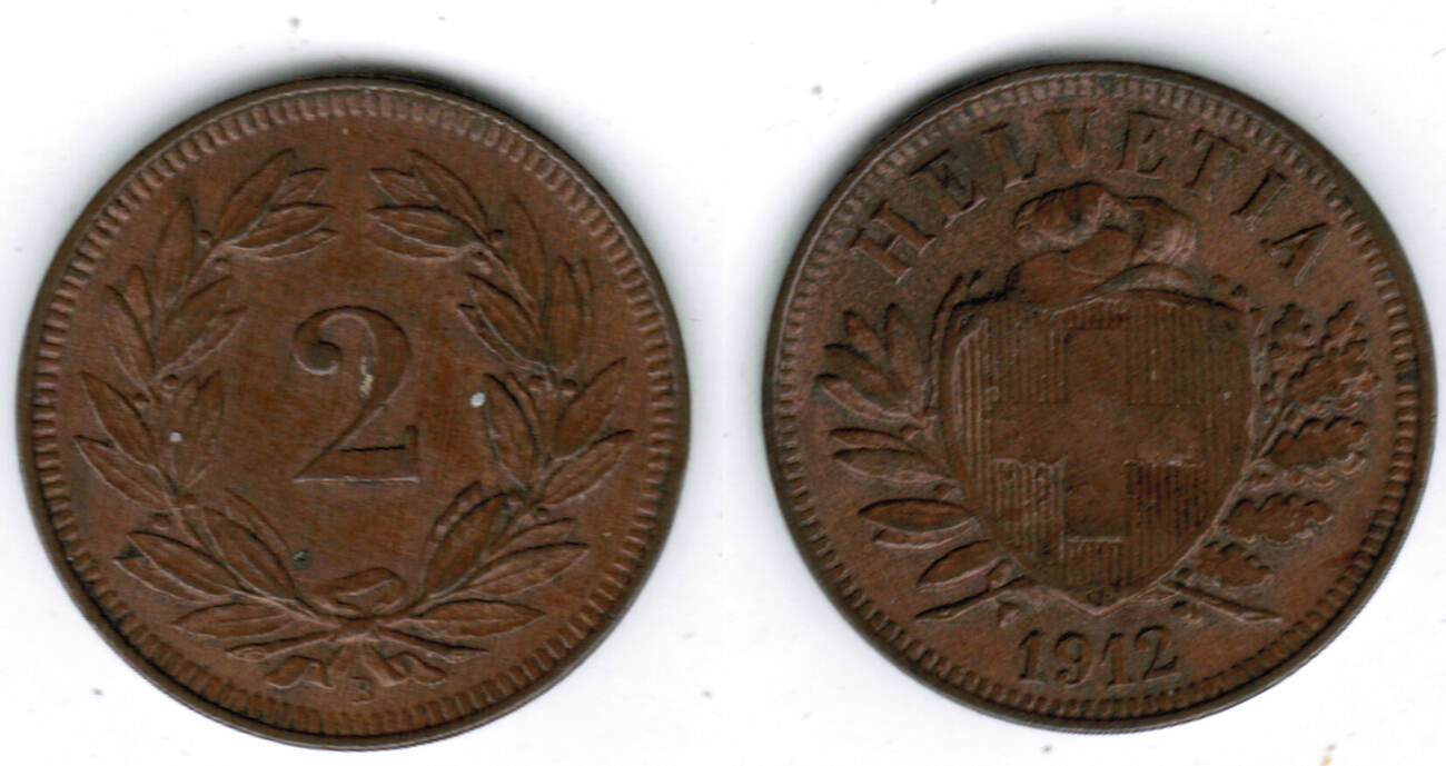 Schweiz, Kursmünze 2 Rappen 1912 B, Erhaltung siehe Scan! sehr schön | MA-Shops