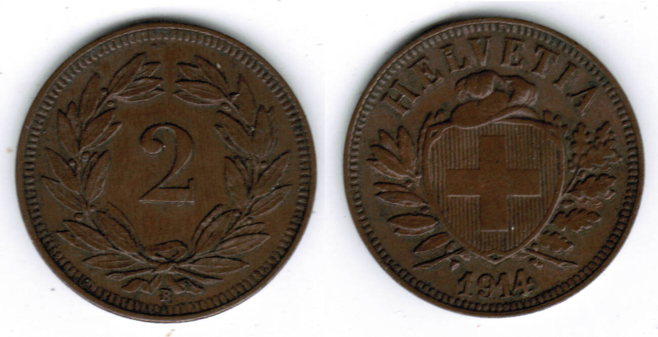Schweiz, Kursmünze 2 Rappen 1914 B, Erhaltung siehe Scan! sehr schön | MA-Shops