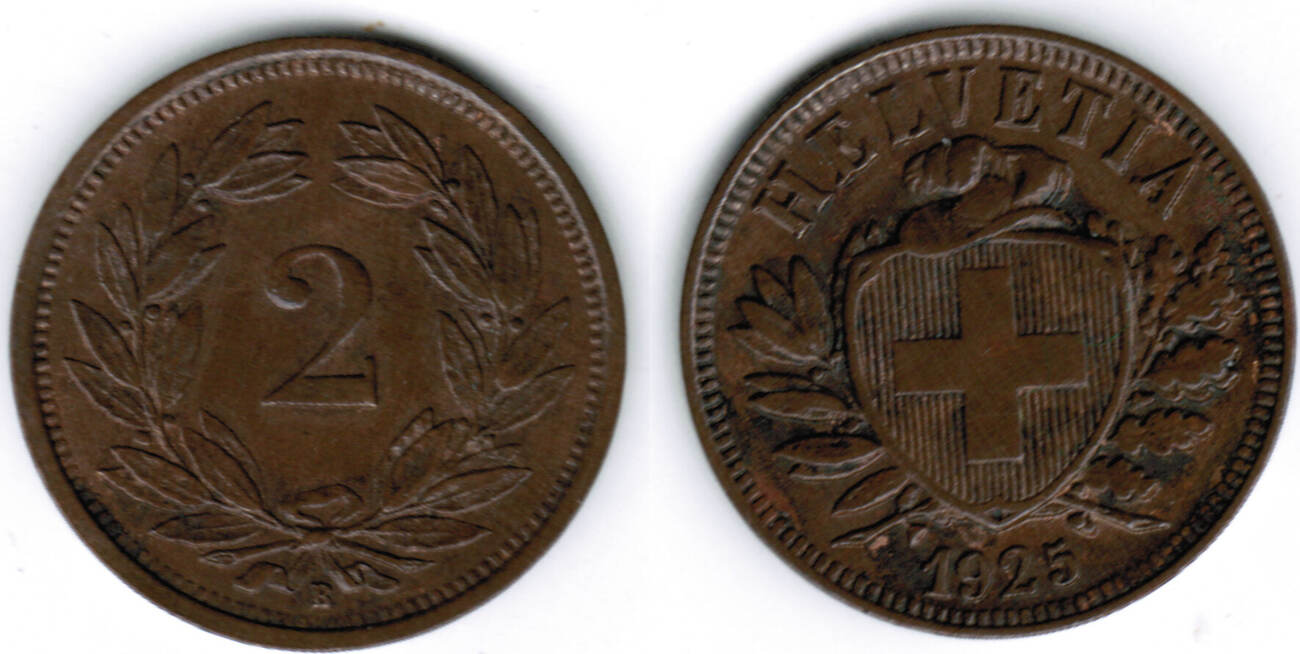 Schweiz, Kursmünze 2 Rappen 1925 B, Erhaltung siehe Scan! sehr schön bis vorzüglich | MA-Shops