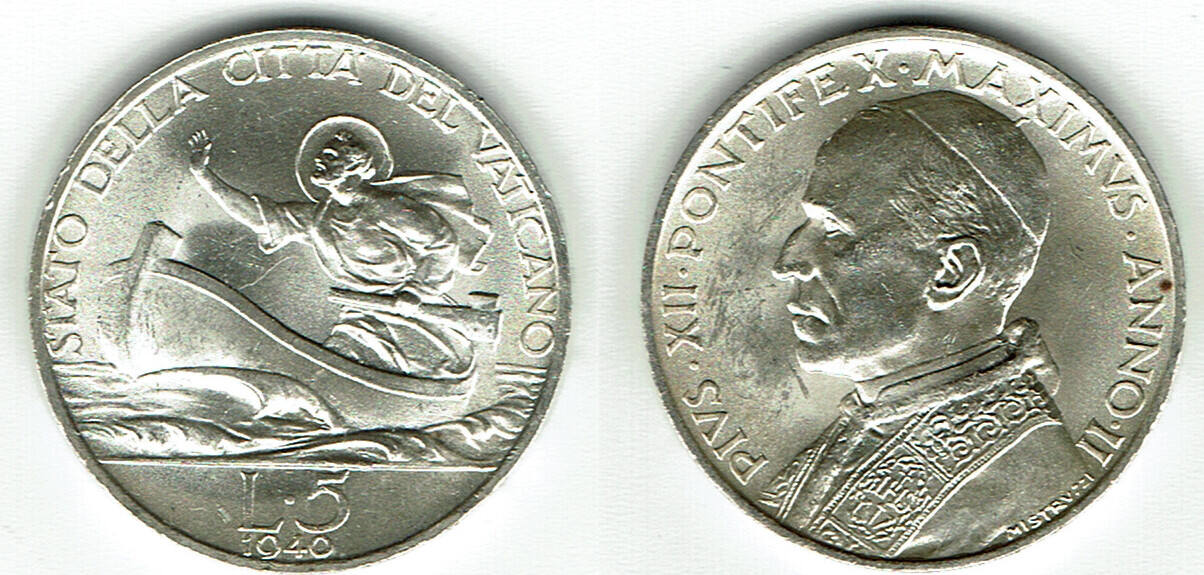 Vatikan, Pius XII., 1939-1958 5 Lire 1940, Erhaltung siehe Scan! vorzüglich bis stempelglanz ...